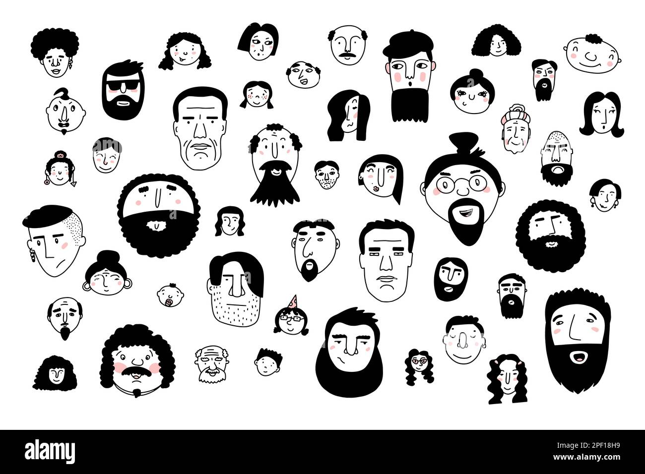 Doodle cute faces set. Hand-drawn outline people isolated on white ...