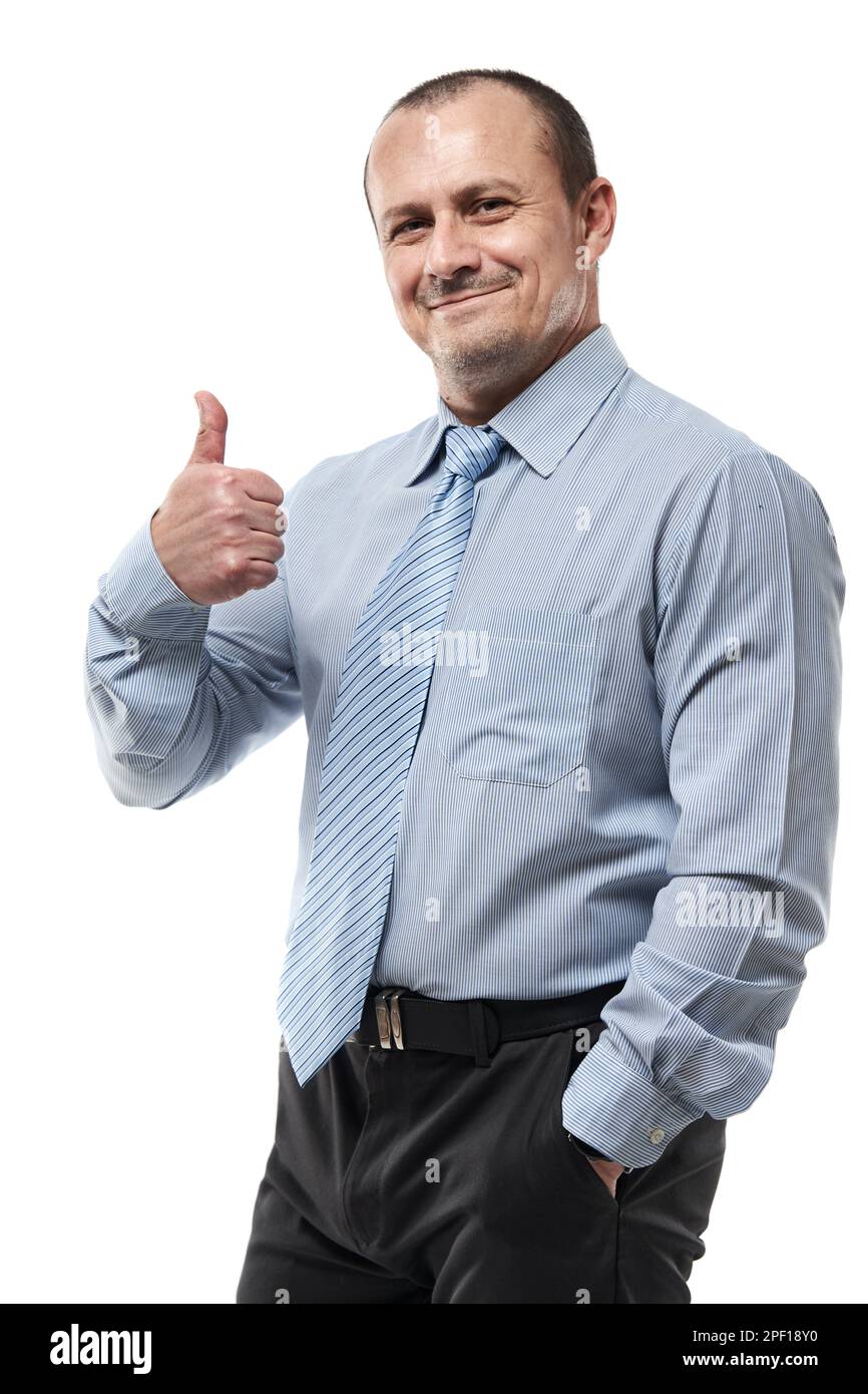 Successful businessman smiling showing thumbs up sign, isolated on ...