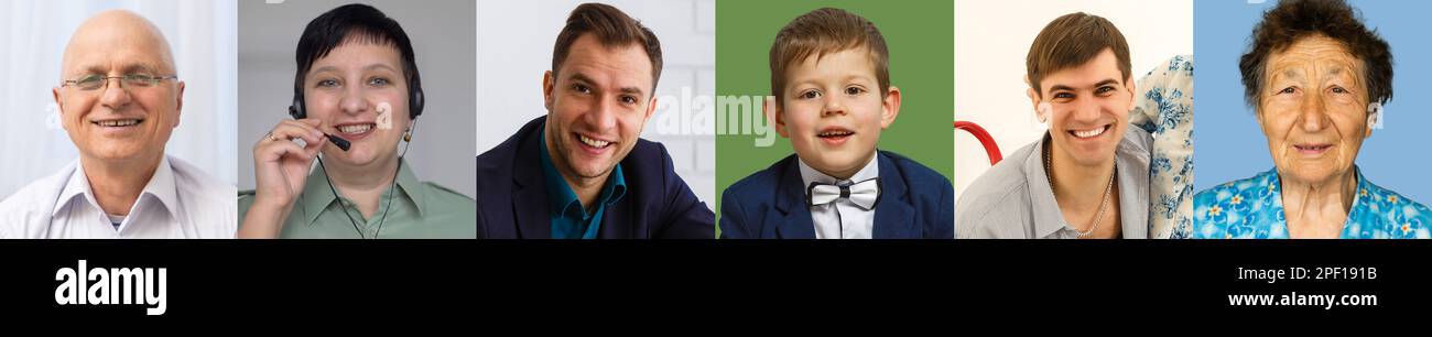 Mosaic of happy and successful people on bright backgrounds, panorama ...