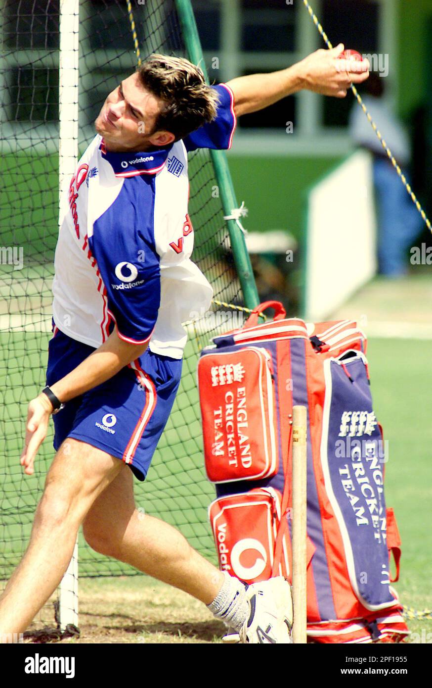 England fast bowler James Anderson bowls during a practice session at ...