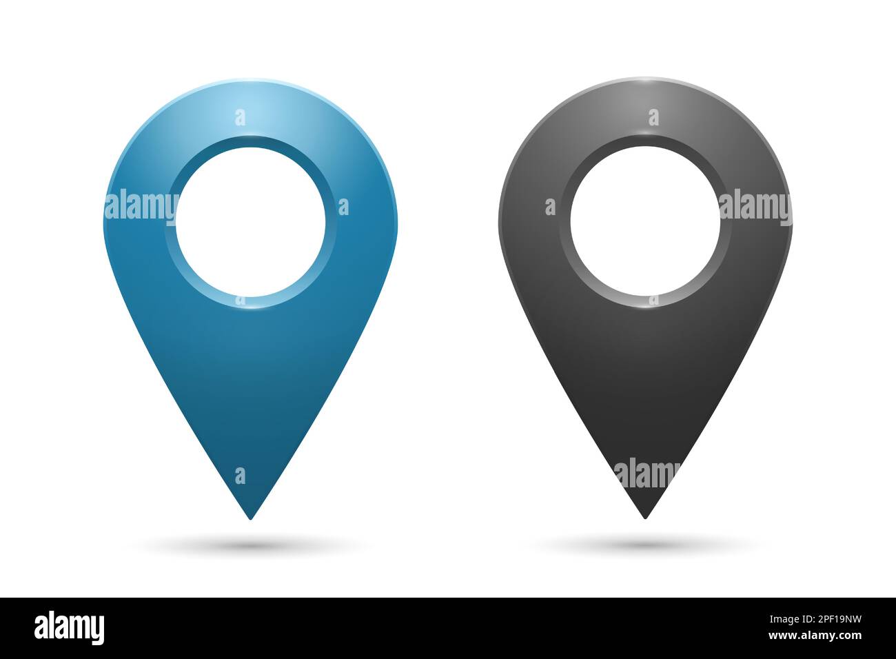 Realistic geolocation icons in blue and black on a white background ...