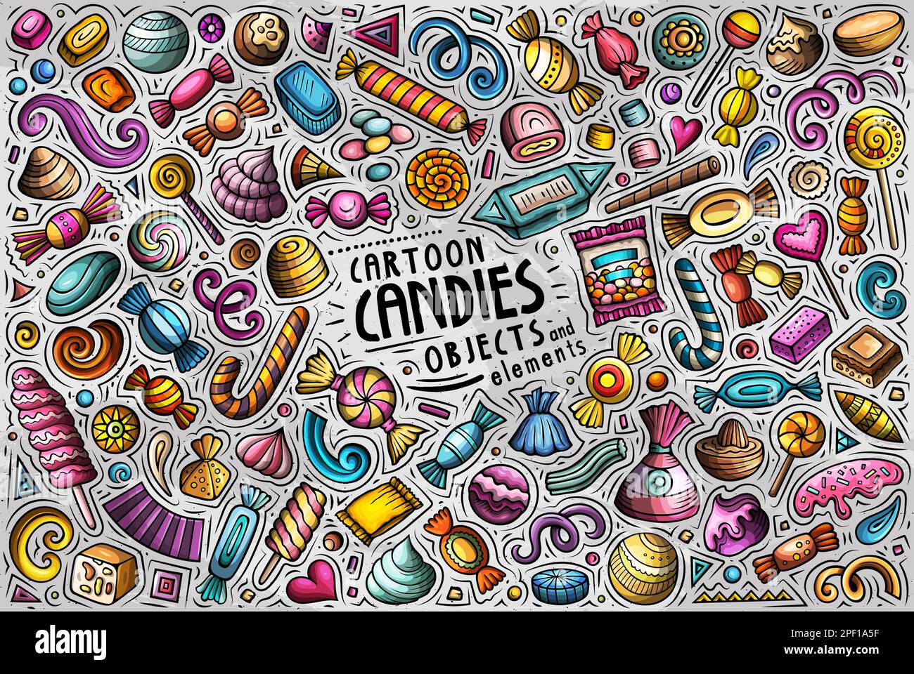 Colorful vector doodle cartoon set of Candies theme items, objects and ...