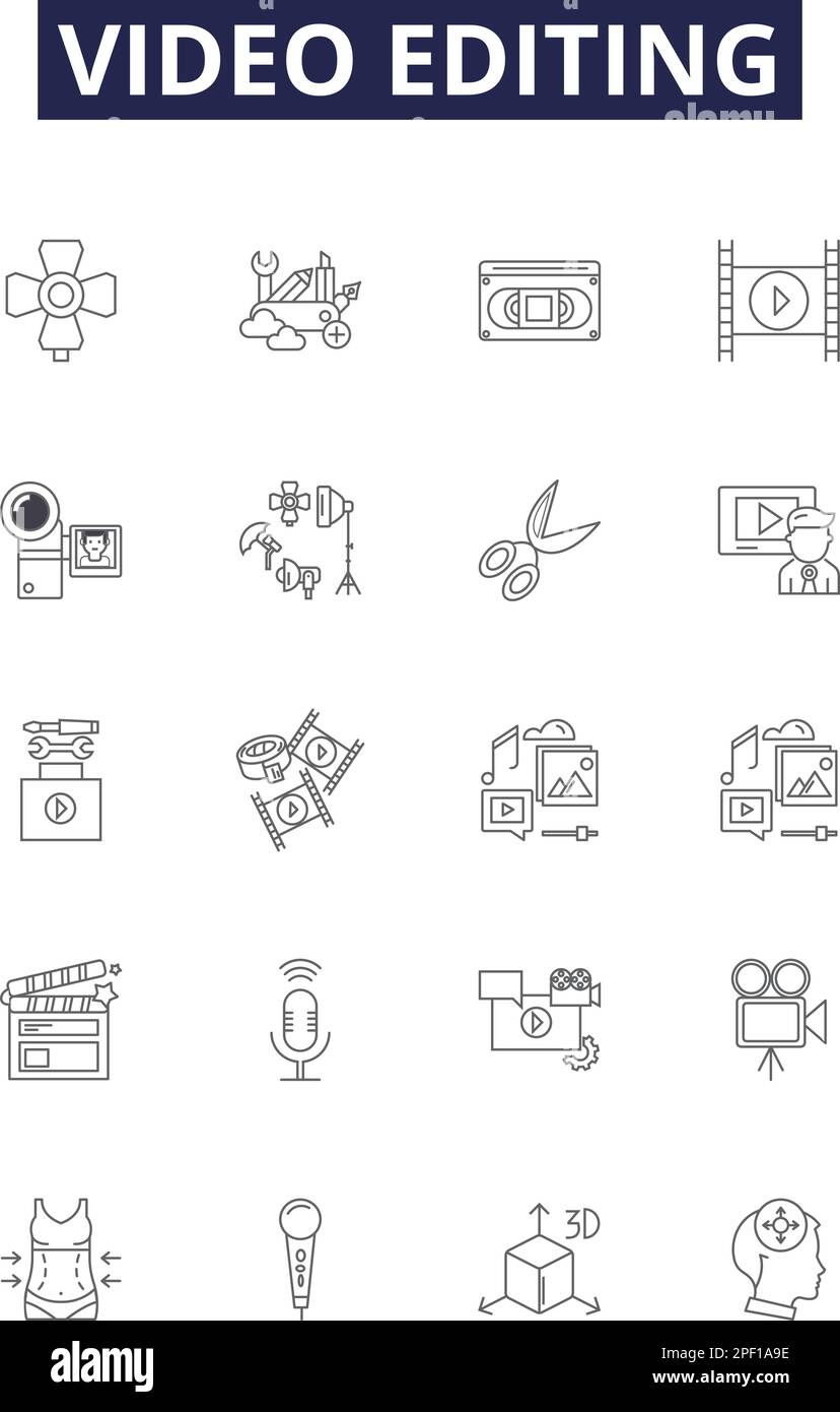 Video editing line vector icons and signs. videos, clip, trim, assemble ...