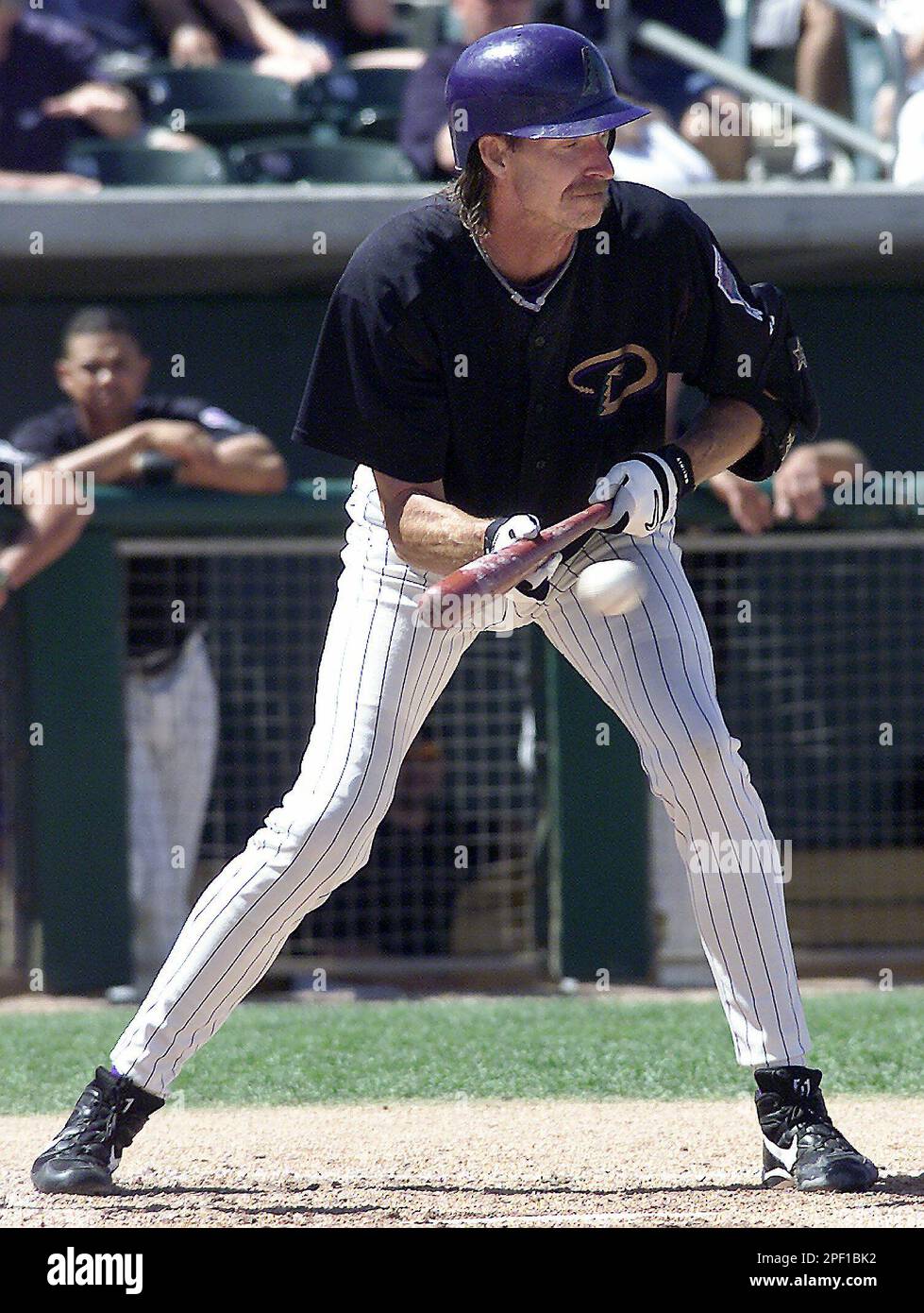 Arizona Diamondbacks pitcher Randy Johnson bunts during the third ...