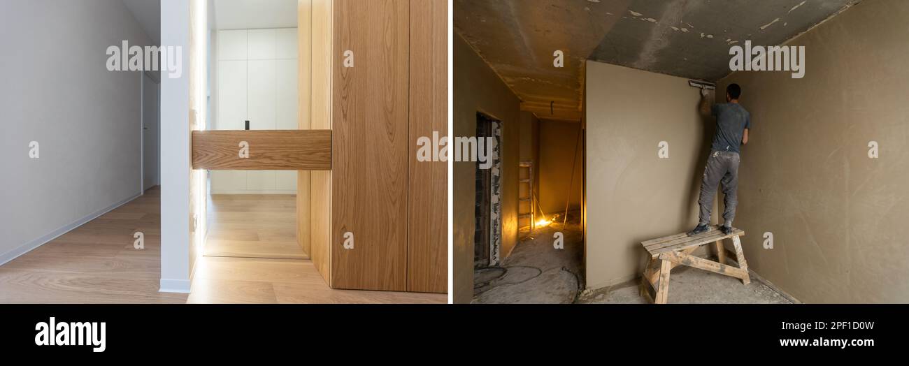 living room renovation, before and after home refurnishment Stock Photo ...