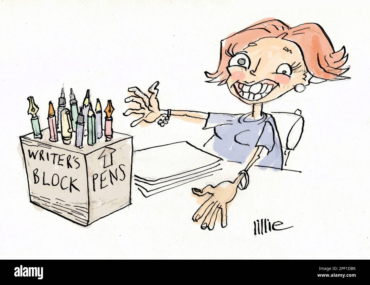 Cartoon illustration of woman, at a desk, blank paper in front of her ...