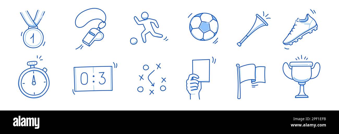 Soccer doodle icon. Football goal, award cup, whistle hand drawn line ...