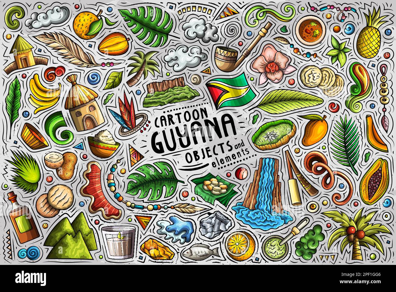 Cartoon vector doodle set of Guyana traditional symbols, items and ...
