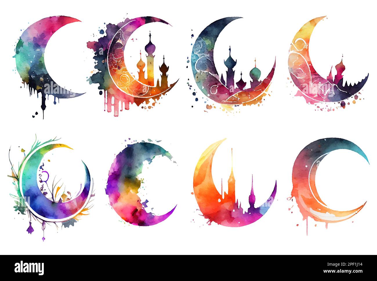 set watercolor vector illustration of muslim crescent ramadan concept ...