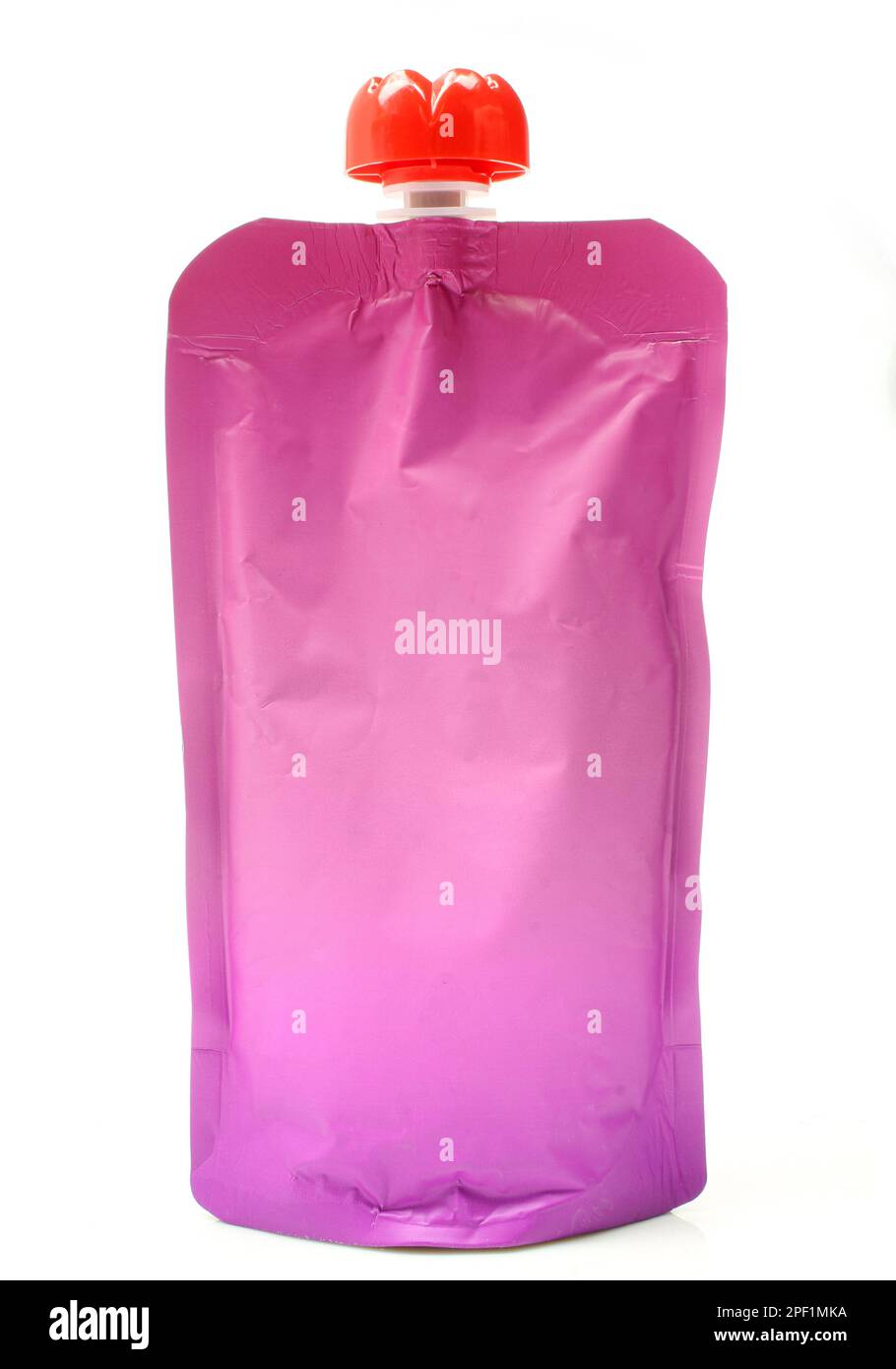 Blank purple puree bag. Liquid container packaging isolated on white ...
