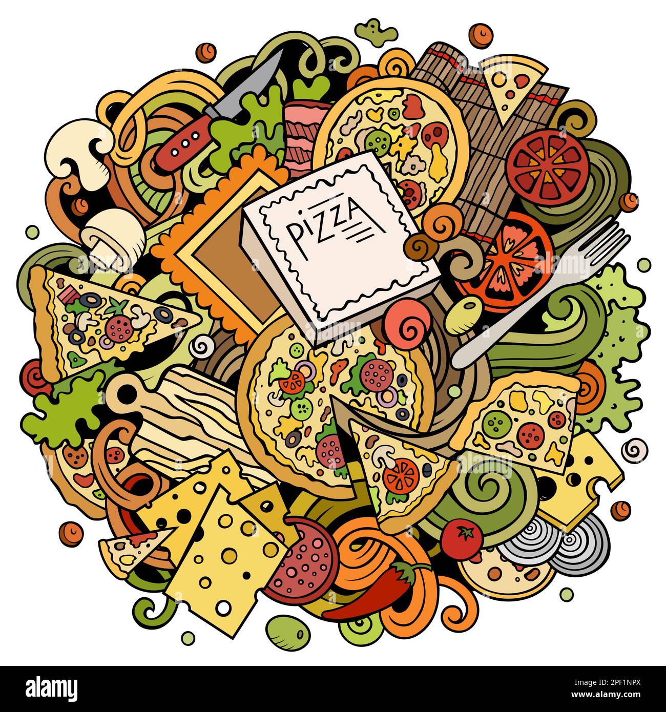 Pizza cartoon doodle illustration. Funny creative vector background ...