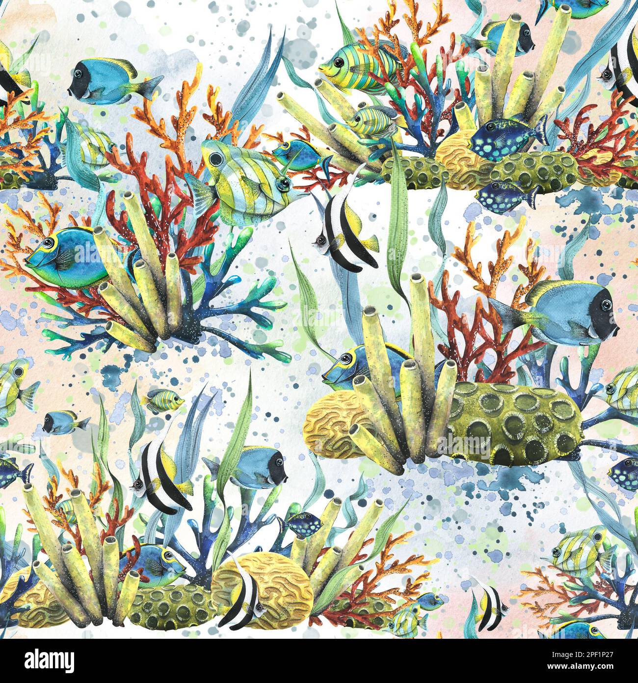 Coral reefs with algae, waves of water, fish, sea sponges, bubbles ...