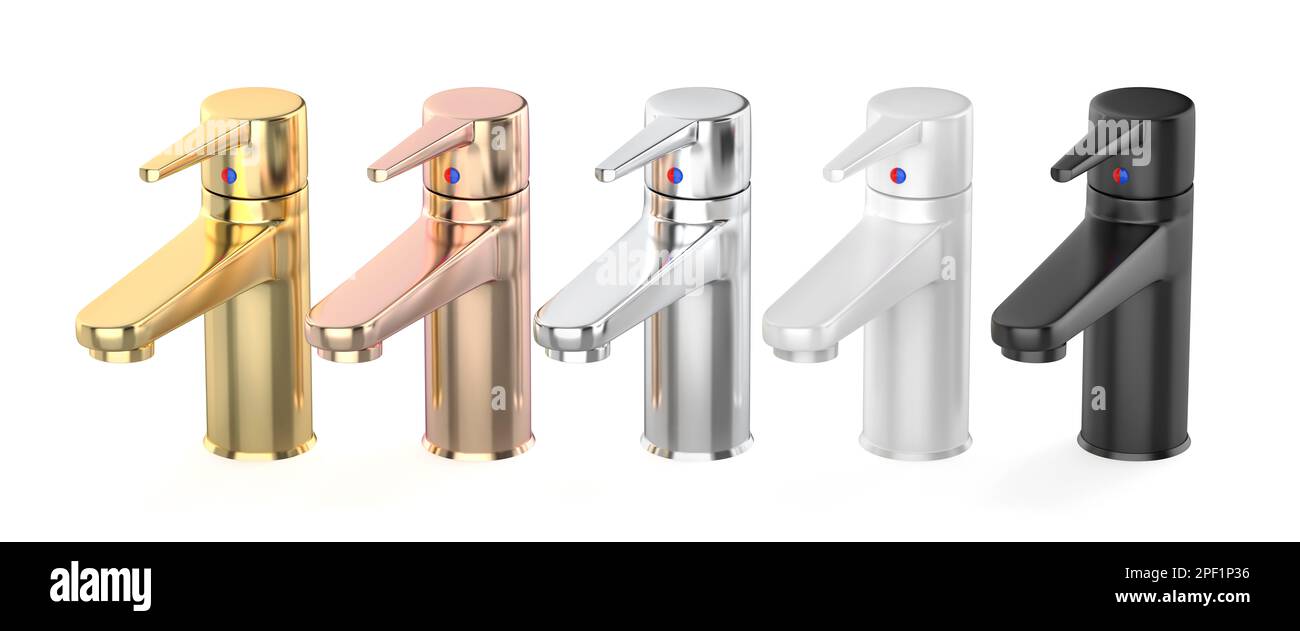 Five bathroom faucets with different colors and materials on white ...