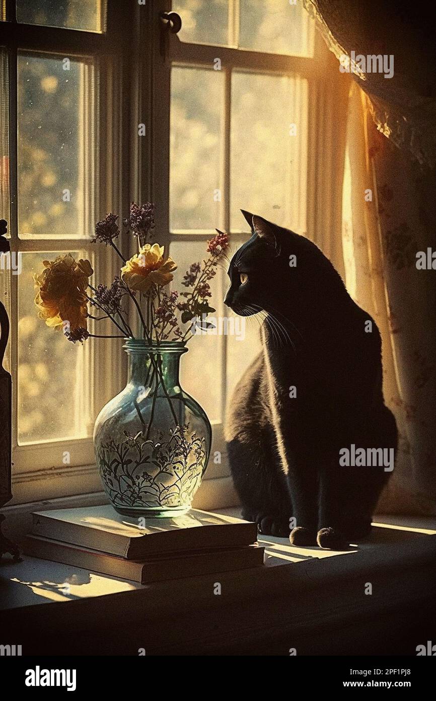 Black cat looking through window with wild flowers in a glass vase on ...