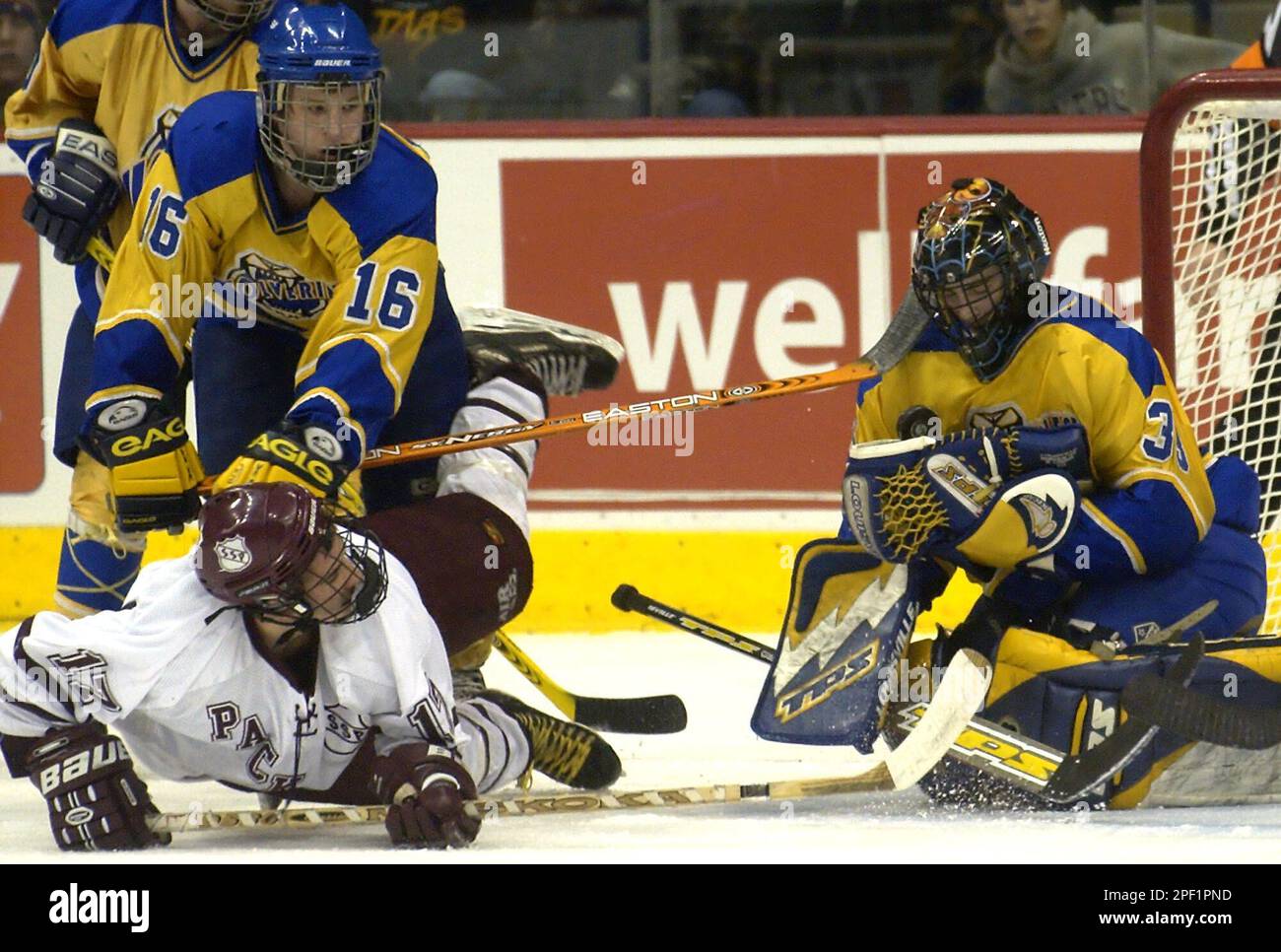 Wadena-Deer Creek goalie Kyle Timm, right, makes a glove save on a shot ...