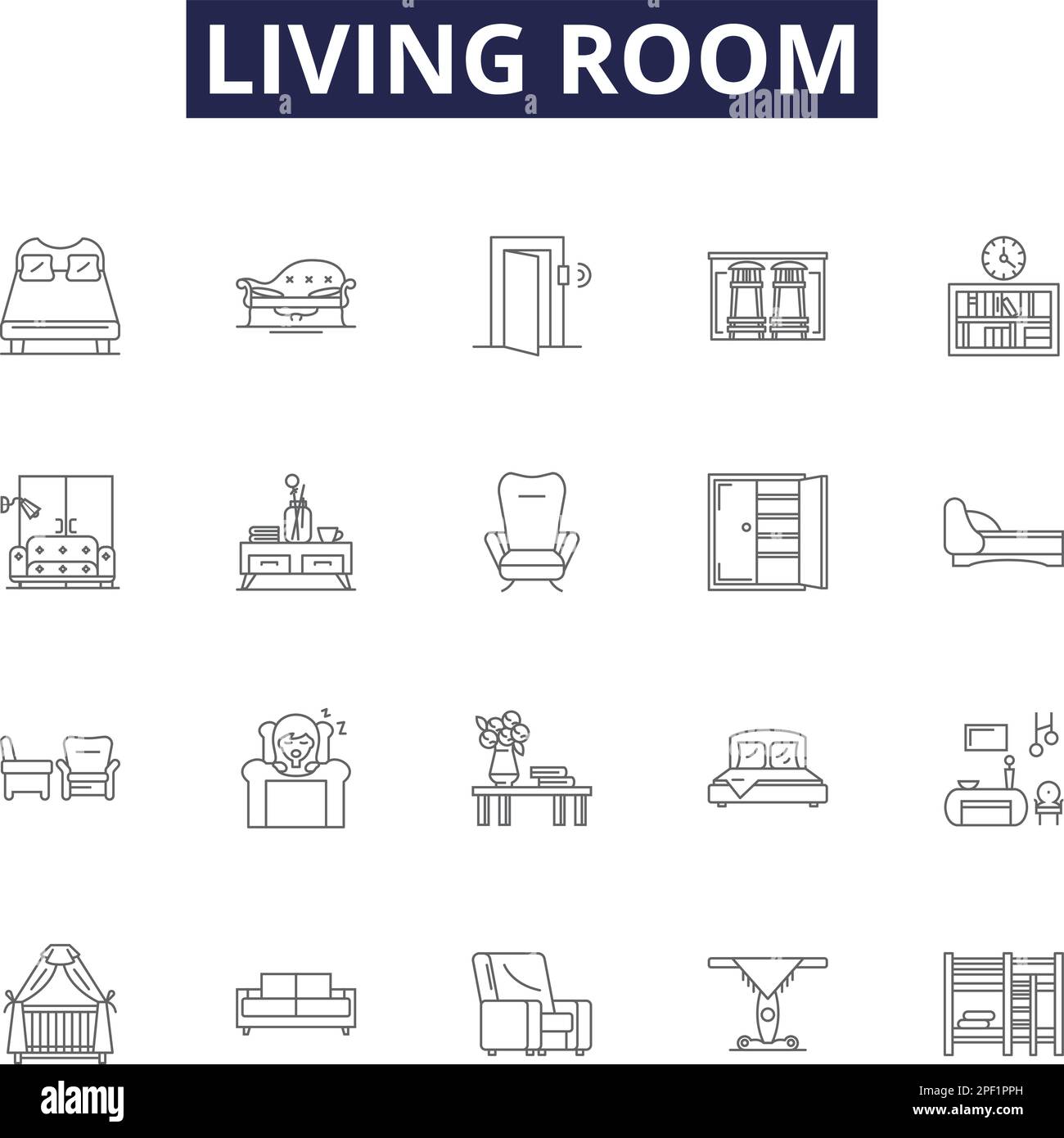 Living room line vector icons and signs. Chair, Table, Lamp, Fireplace ...