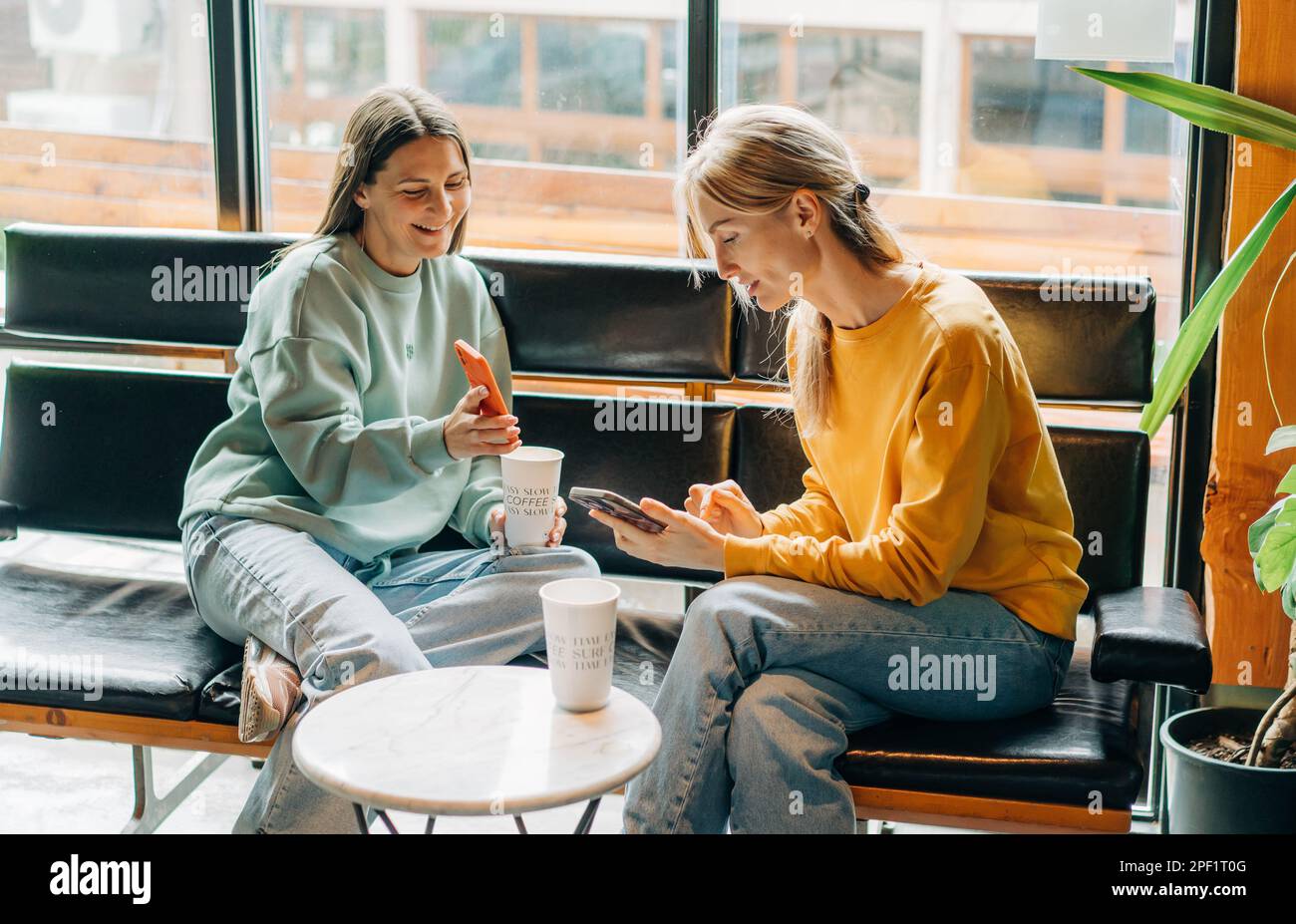 Two cheerful laughing women friends in a coffee shop communicate and ...