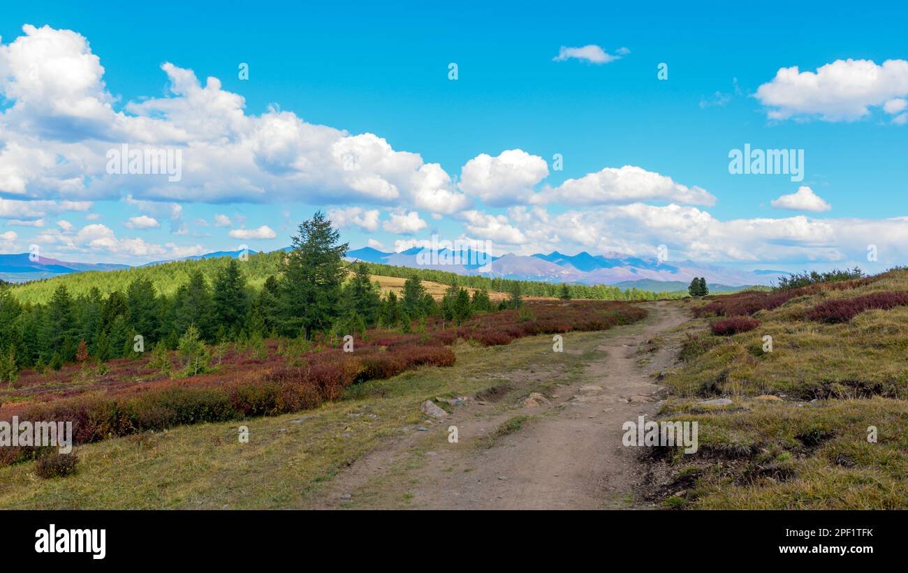 The tourist trail goes along the high alpine plateau in autumn for the ...