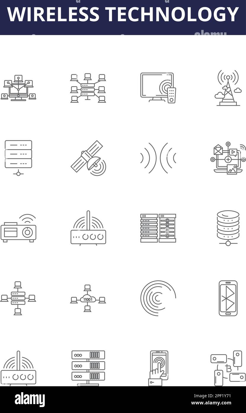 Wireless technology line vector icons and signs. Technology, Radio, GSM, Wi-Fi, Bluetooth ...