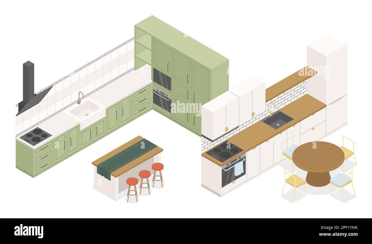 Finished kitchen design - modern vector colorful isometric ...