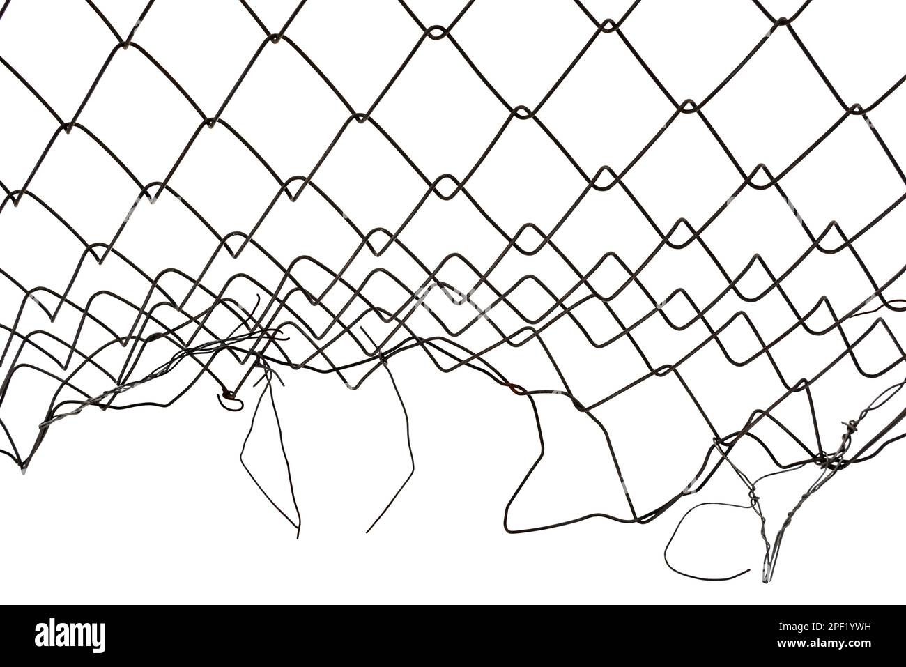 The texture of the metal mesh. Torn, destroyed, broken metal mesh on a ...