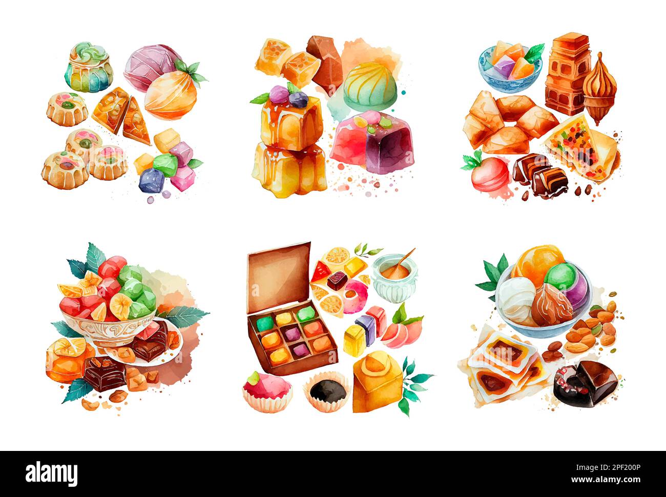 set watercolor vector illustration of muslim sweets ramadan concept ...