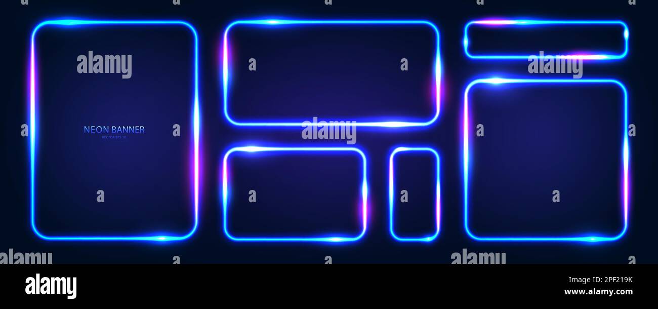 A set of rectangular neon frames with rounded edges with radiance ...