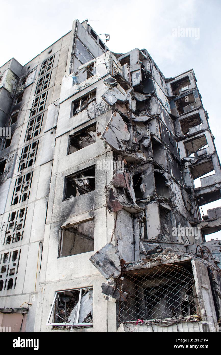Facade of a building that burned down following artillery fire. Most ...