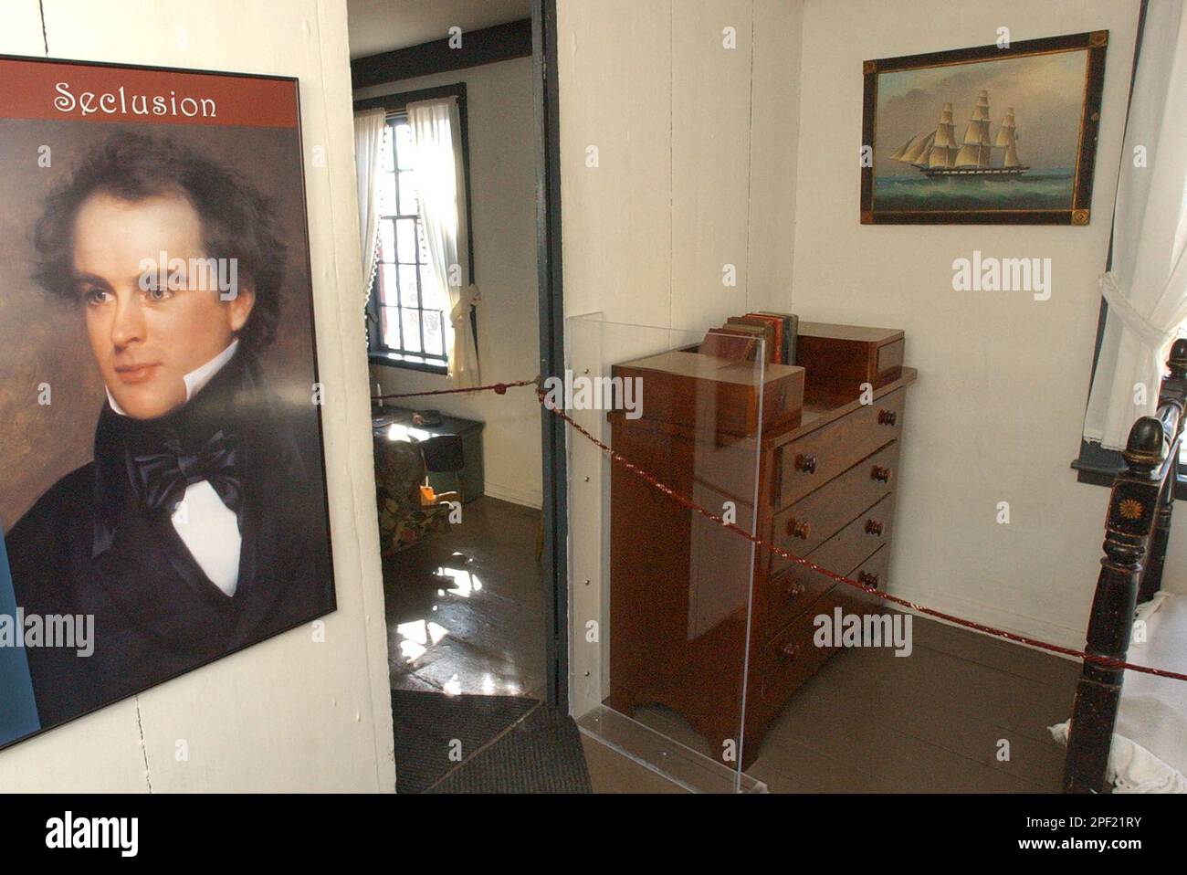 An image of author Nathaniel Hawthorne is seen inside his birthplace ...