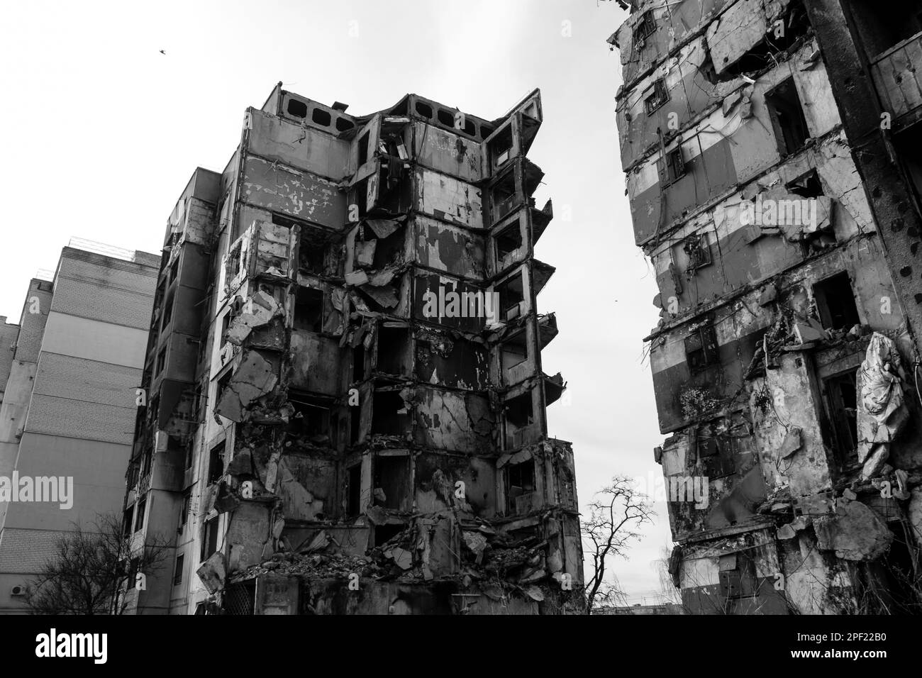 Facade of a building that burned down following artillery fire. Most ...