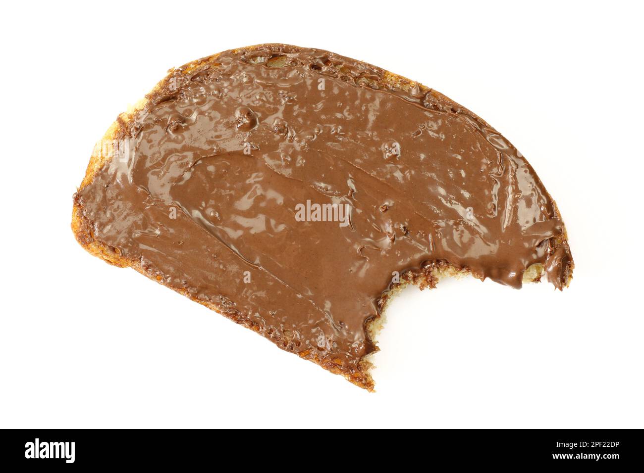 Bitten bread slice with chocolate cream spread on top isolated on white ...