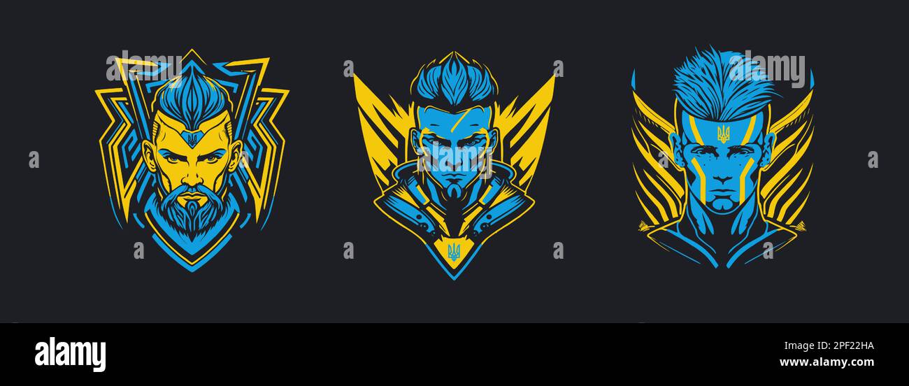 Ukrainian warrior sticker set, yellow and blue defender face emblems ...
