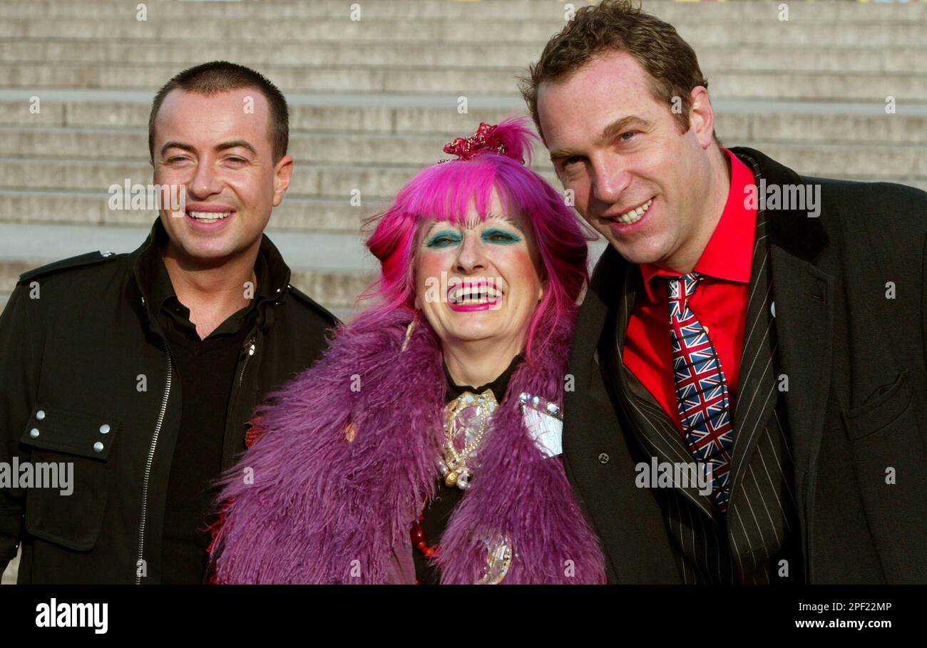 British fashion designers Julian Macdonald, left, Zandra Rhodes, centre ...