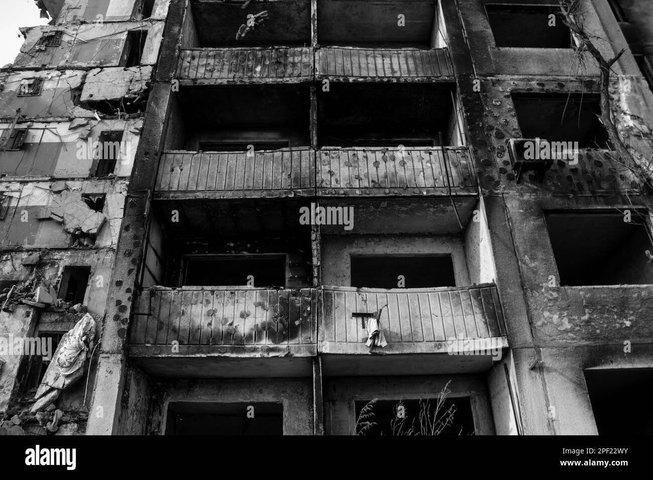 Facade of a building that burned down following artillery fire. Most ...