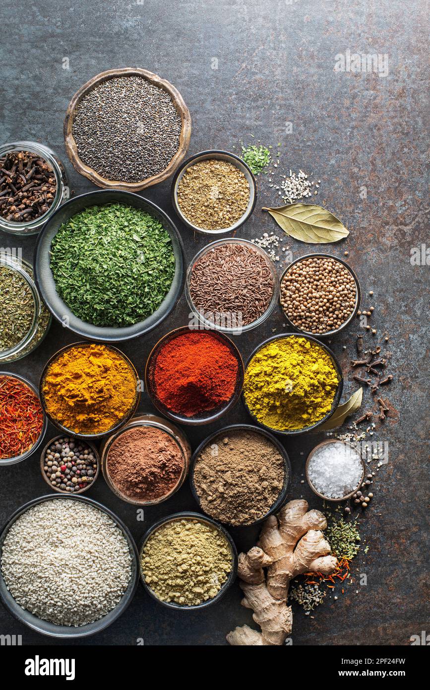 Colorful herbs and spices for cooking meal. Indian and Asian spices On ...