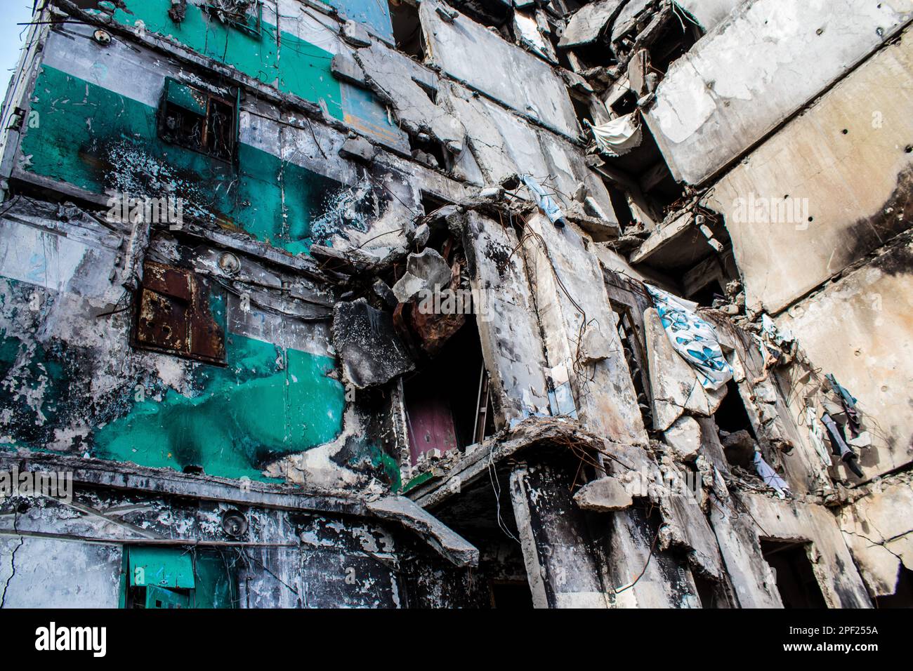 Facade of a building that burned down following artillery fire. Most ...