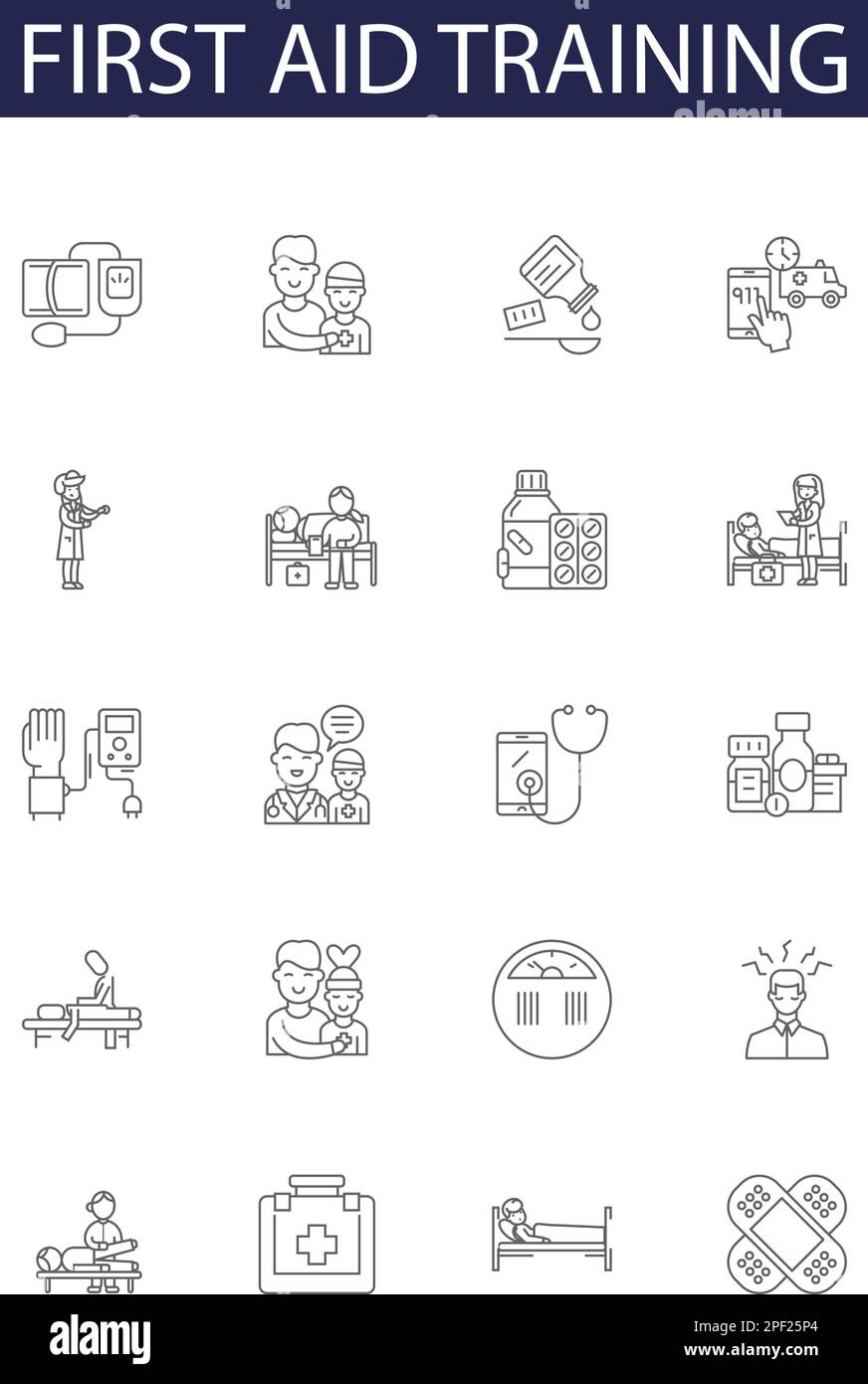 First aid training line vector icons and signs. training, CPR ...