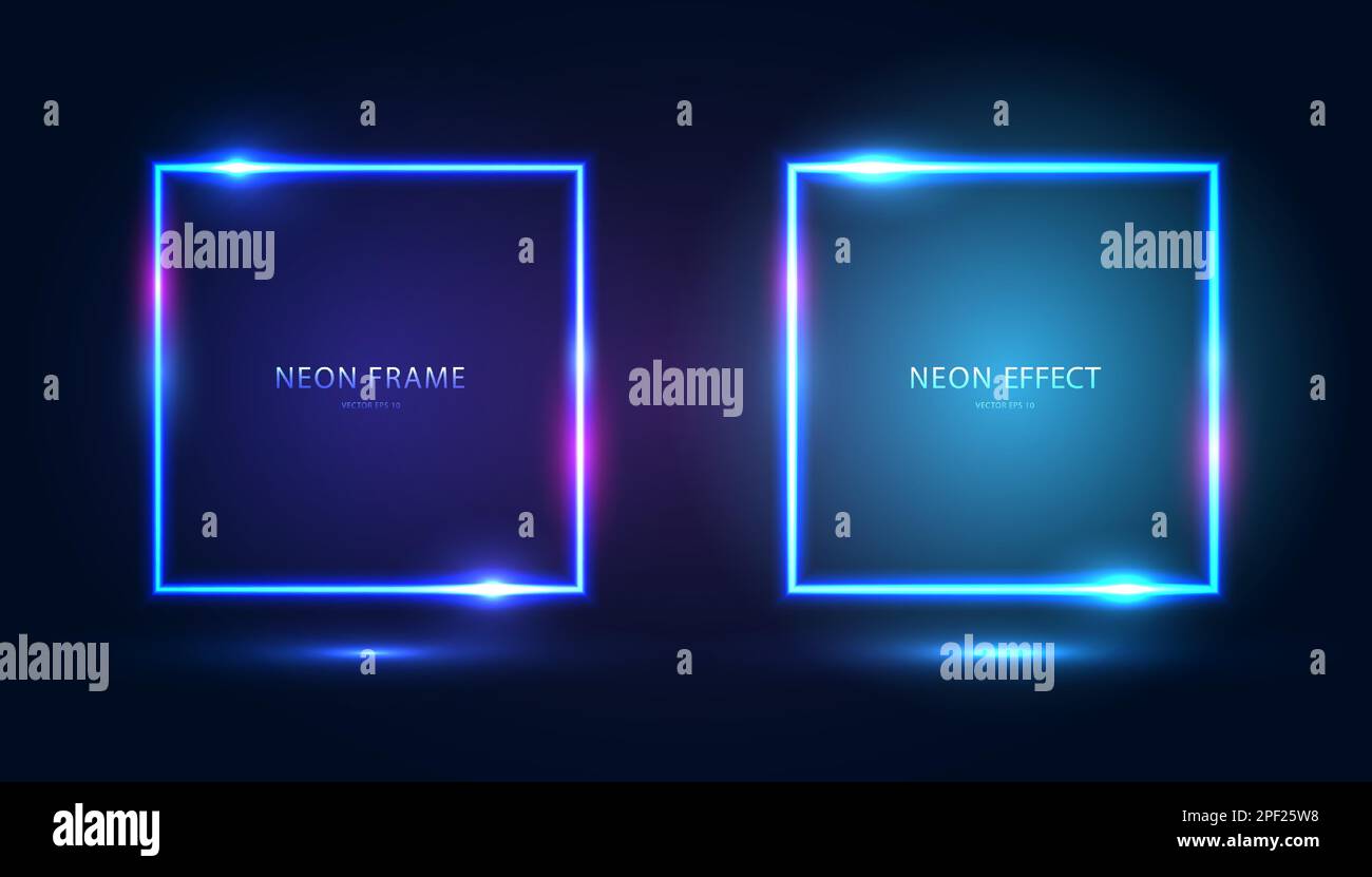A set of square neon frames with shining effects, highlights and ...