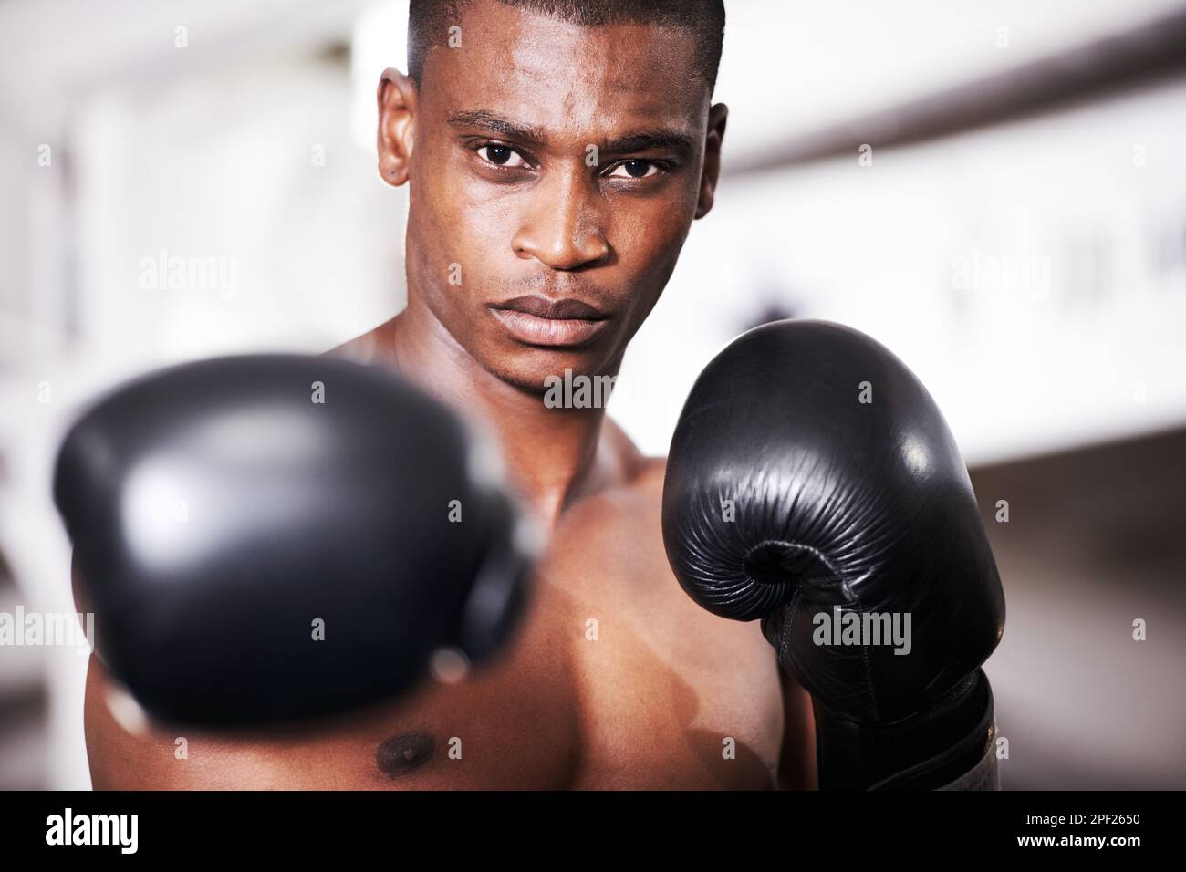 Put em up. An african american boxer with his gloves up standing in the ...