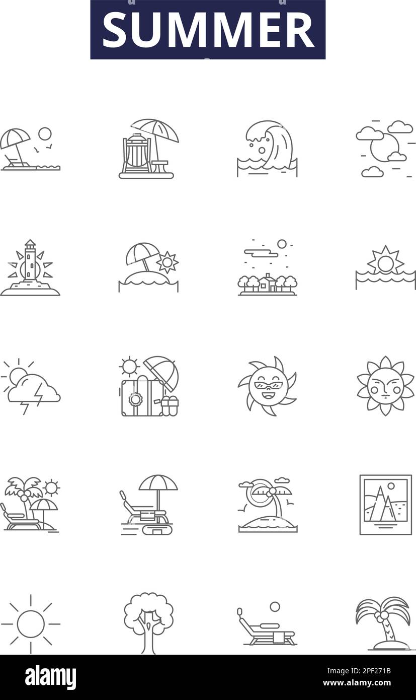 Summer line vector icons and signs. Heat, Vacation, Swim, Play ...