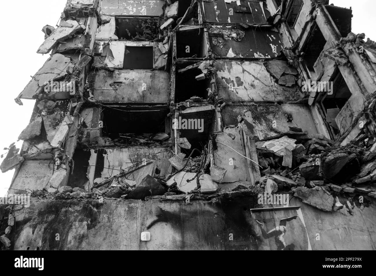 Facade of a building that burned down following artillery fire. Most ...