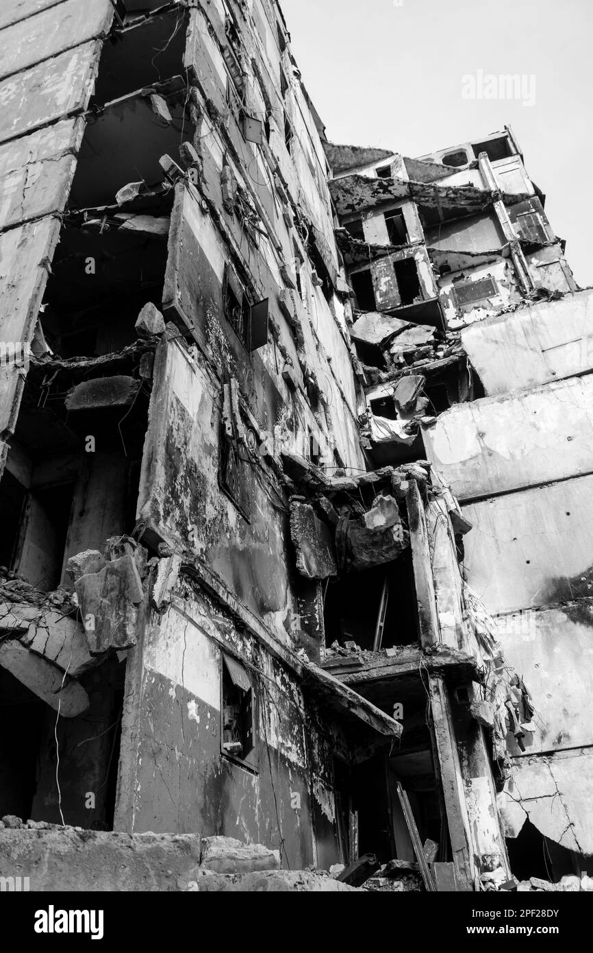 Facade of a building that burned down following artillery fire. Most ...