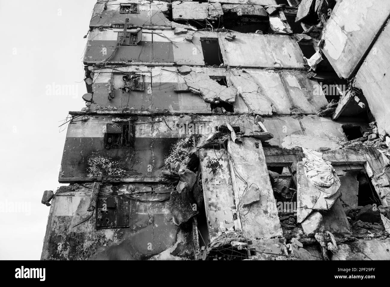 Facade of a building that burned down following artillery fire. Most ...