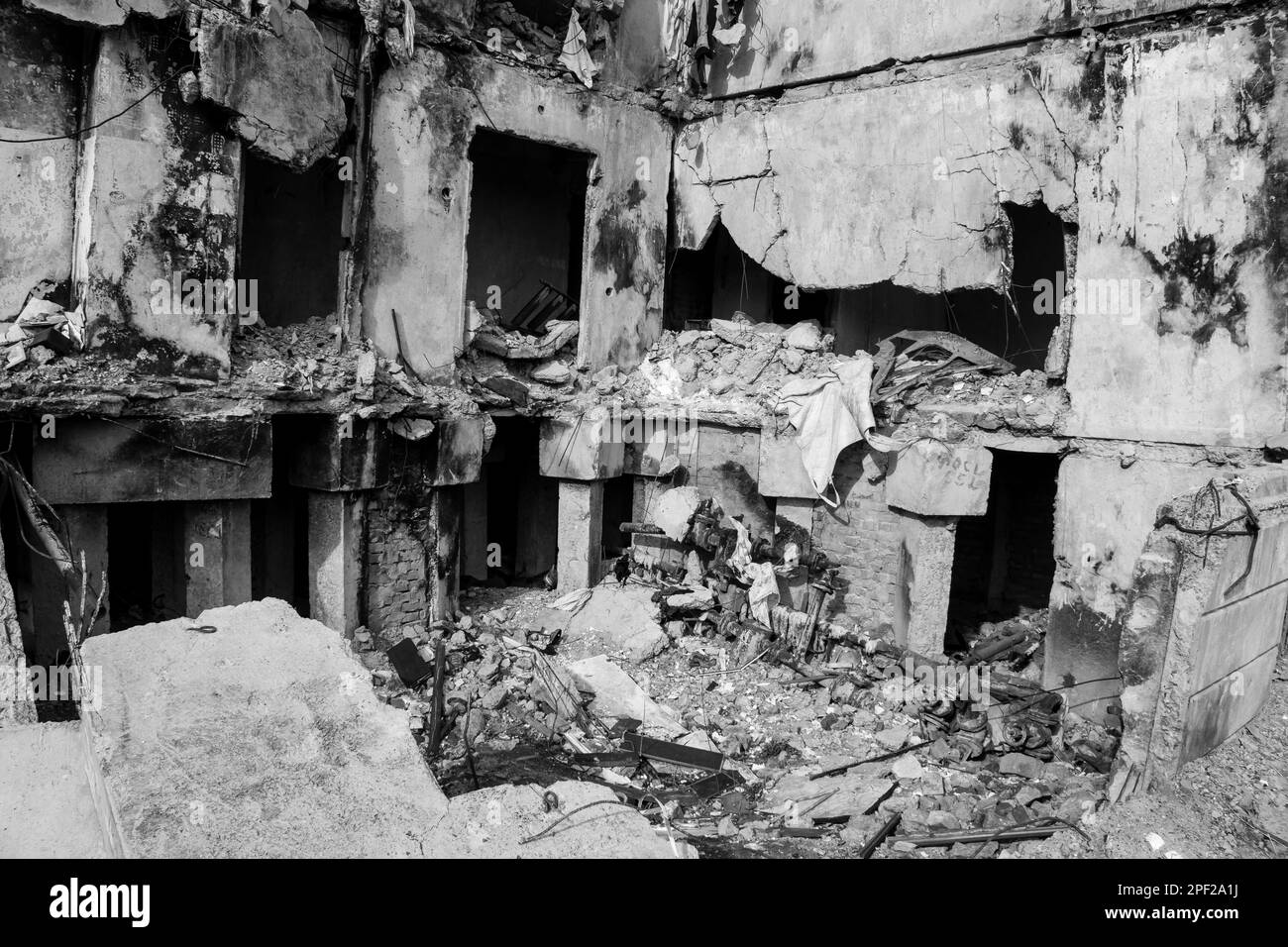 Facade of a building that burned down following artillery fire. Most ...