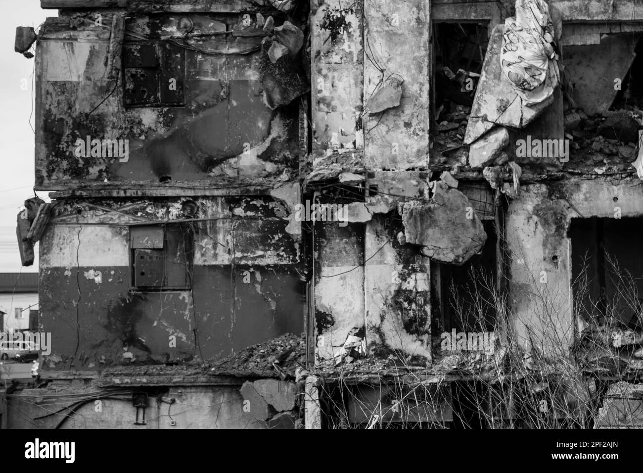 Facade of a building that burned down following artillery fire. Most ...