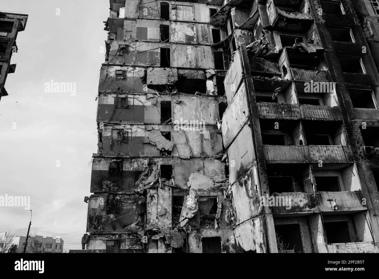 Facade of a building that burned down following artillery fire. Most ...