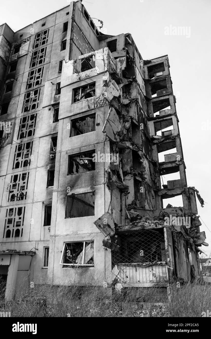 Facade of a building that burned down following artillery fire. Most ...