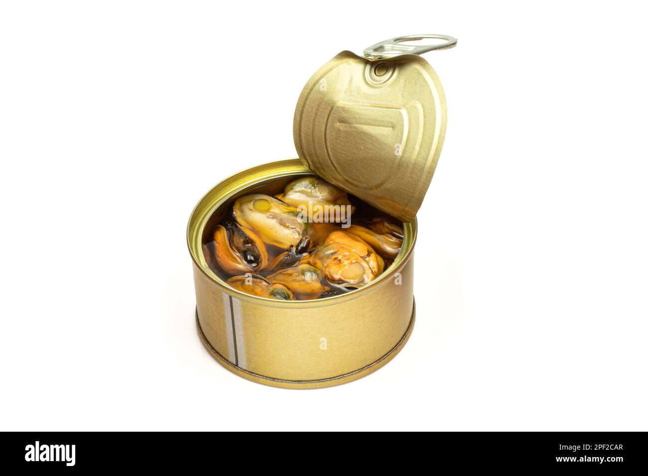 Opened pull tin can of mussels isolated on white background. Sea food ...