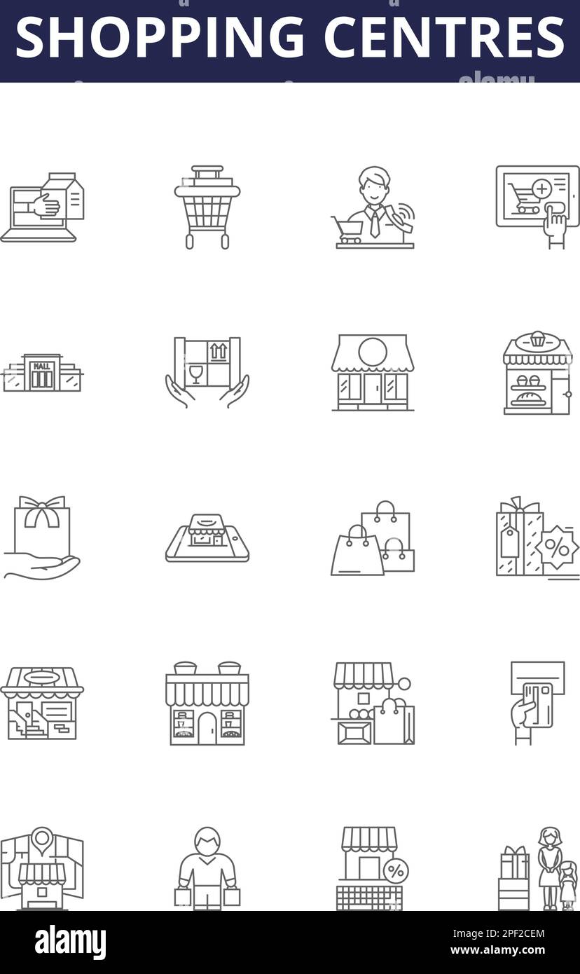 Shopping centres line vector icons and signs. shopping, retail, center, city, sale, people ...