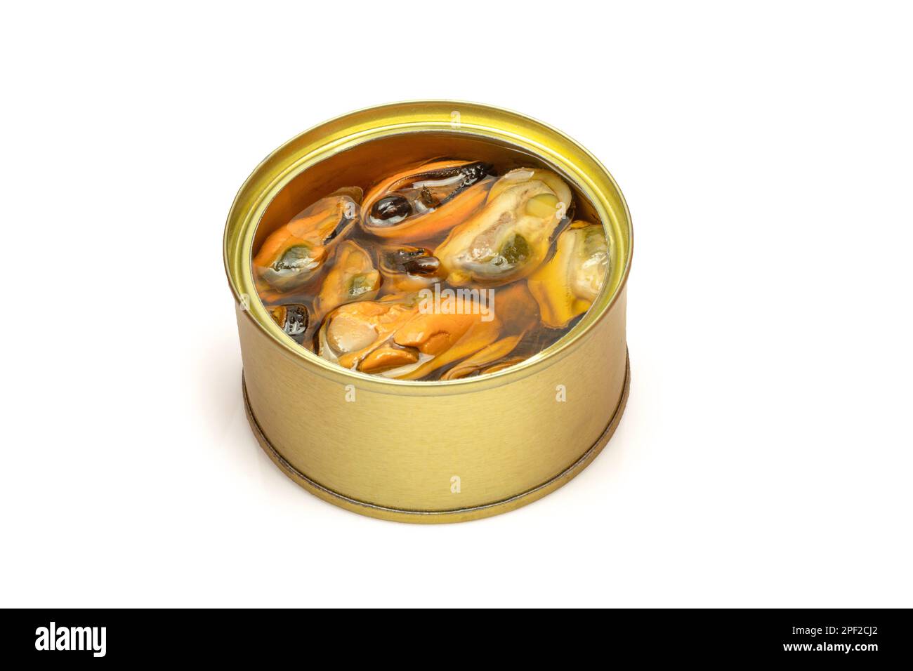 Opened pull tin can of mussels isolated on white background. Sea food ...